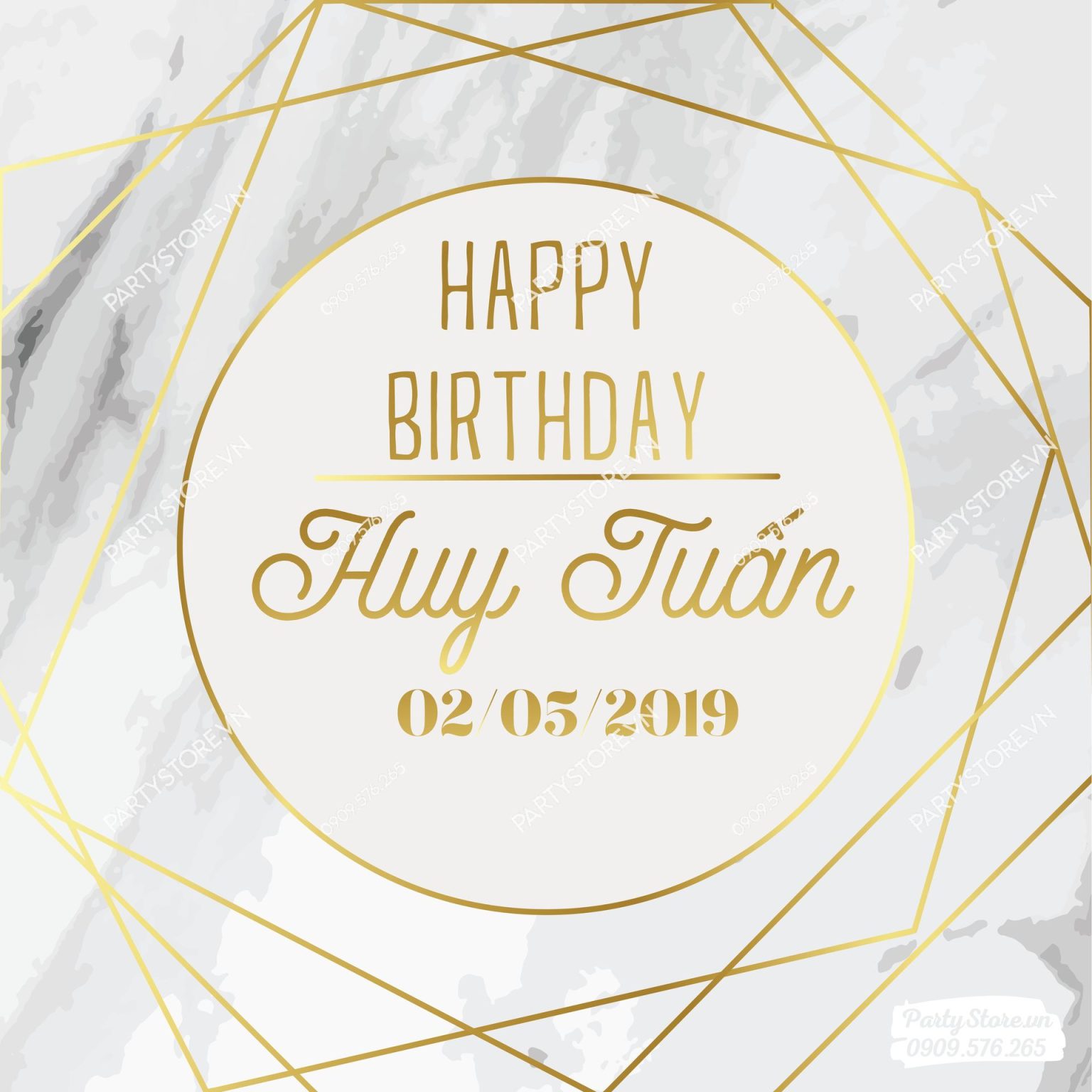 Backdrop sinh nhật line vàng gold & nền đá Mable - PartyStore.vn