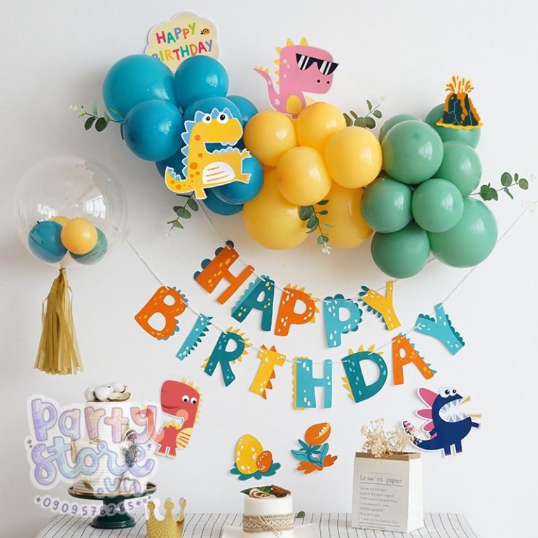 Set bong bóng Khủng Long Dino có dây chữ Happy Birthday - PartyStore.vn